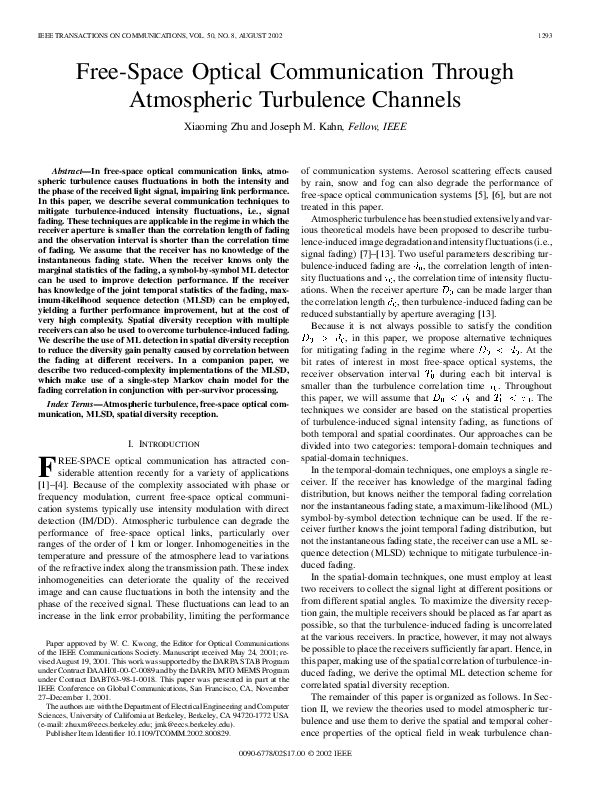 (PDF) Free-Space Optical Communication Through Atmospheric Turbulence ...