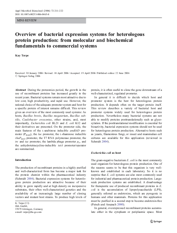 (PDF) MINI-REVIEW Overview of bacterial expression systems for heterologous protein production ...