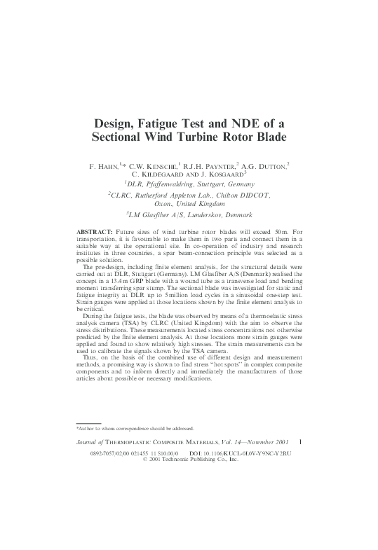 (PDF) Design, fatigue test and NDE of a sectional wind turbine rotor blade