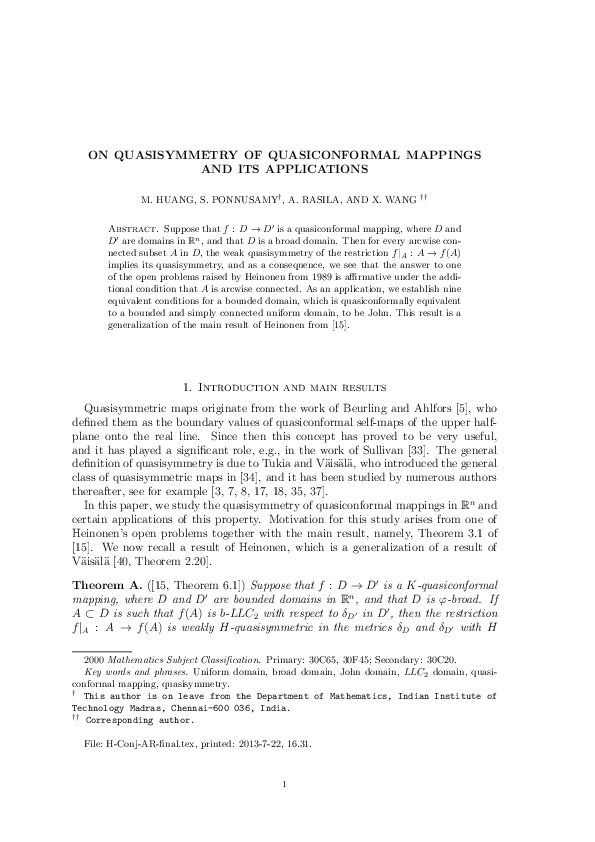 (PDF) On the quasisymmetry of quasiconformal mappings and its applications