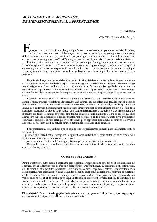 (PDF) AUTONOMIE DE L’APPRENANT : DE L’ENSEIGNEMENT A L’APPRENTISSAGE