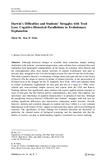(PDF) Darwin’s Difﬁculties and Students’ Struggles with Trait Loss: Cognitive-Historical ...