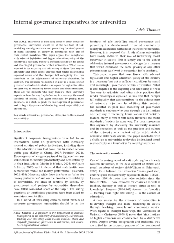 (PDF) Internal governance challenges to universities AJo BE