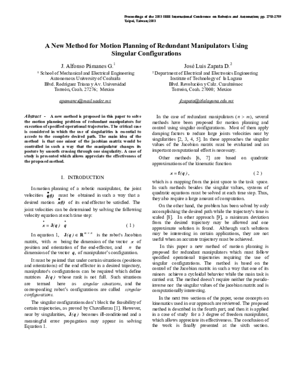 (PDF) A new method for motion planning of redundant manipulators using singular configurations