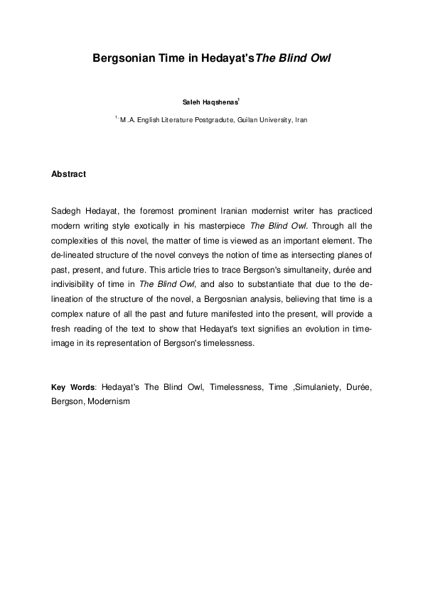 (PDF) Bergsonian Time in Hedayat'sThe Blind Owl (The Abstract)