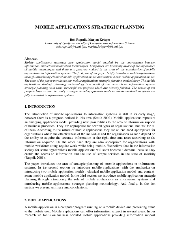 (PDF) MOBILE APPLICATIONS STRATEGIC PLANNING