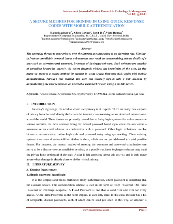 Pdf A Secure Method For Signing In Using Quick Response Codes With