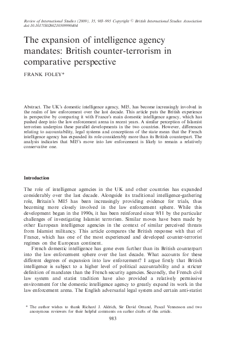 (PDF) The expansion of intelligence agency mandates: British counter ...
