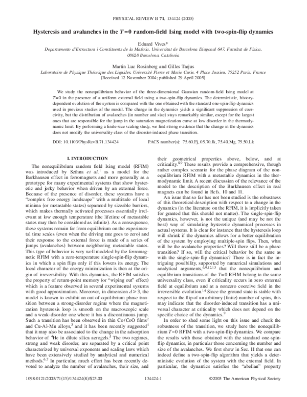 (PDF) Hysteresis and avalanches in the T=0 random-field Ising model with two-spin-flip dynamics