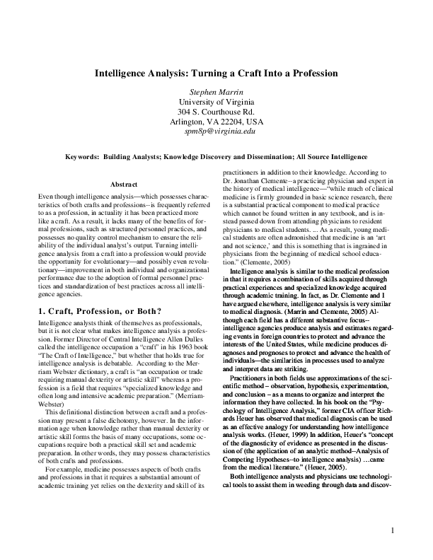 (PDF) Intelligence Analysis: Turning a Craft into a Profession | Stephen Marrin - Academia.edu