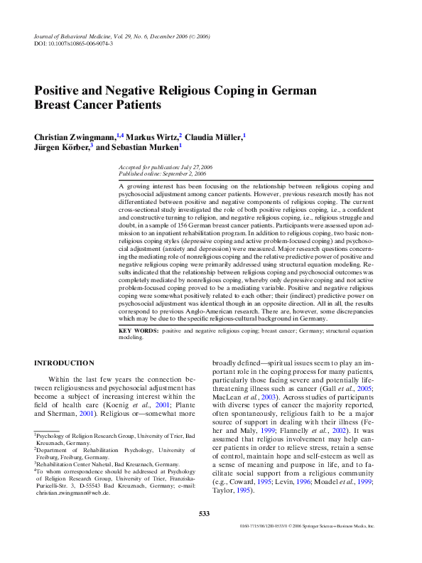 (PDF) Positive and Negative Religious Coping in German Breast Cancer ...