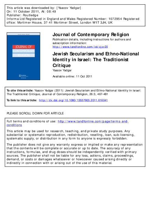 (PDF) Jewish Secularism and Ethno-National Identity in Israel: The ...