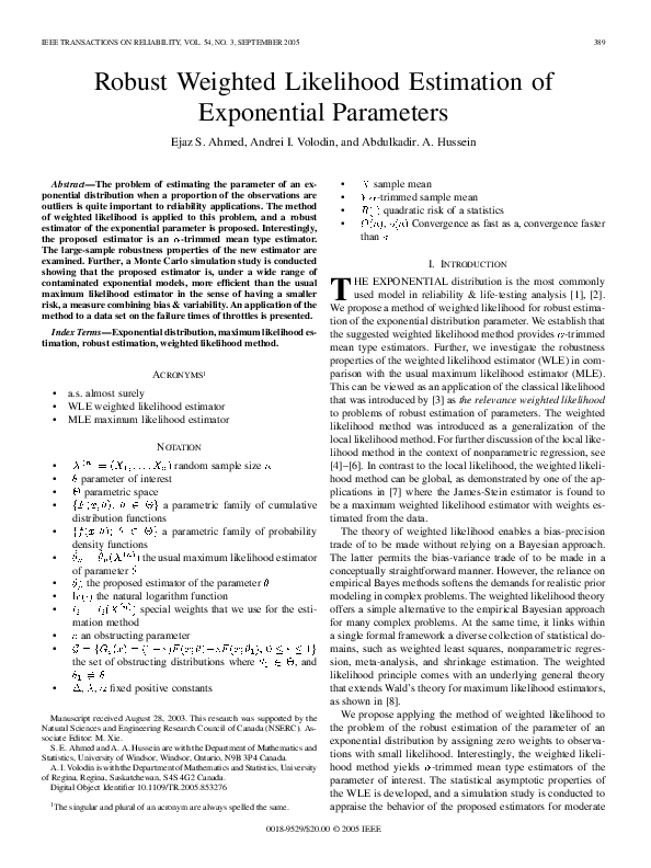 (PDF) Robust weighted likelihood estimation of exponential parameters
