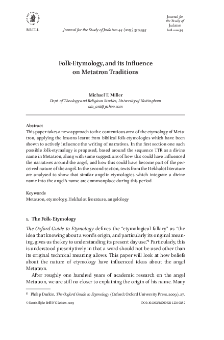 (PDF) Folk Etymology and its Influence on Metatron Traditions