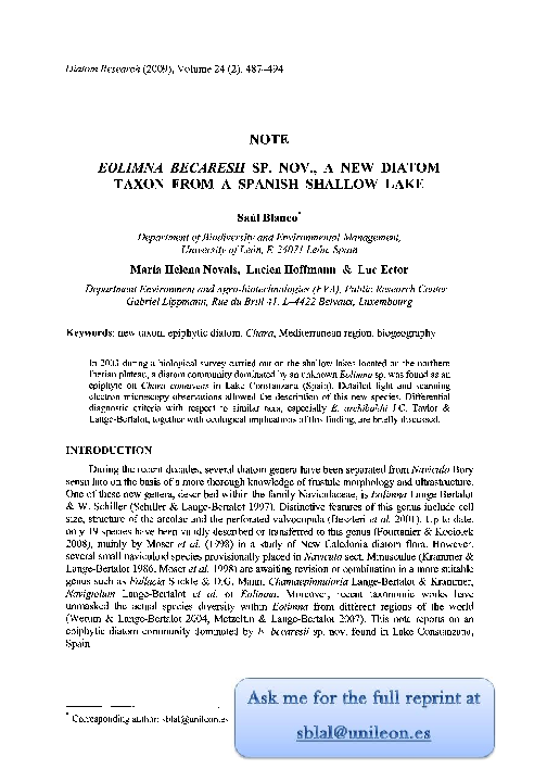 (PDF) Blanco S, Novais MH, Hoffmann L, Ector L 2009. Eolimna becaresii sp. nov., a new diatom ...