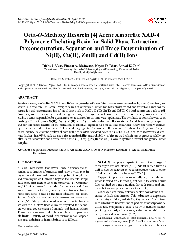 (PDF) Polymeric Chelating Resin for Solid Phase Extraction, Preconcentration, Separation and ...
