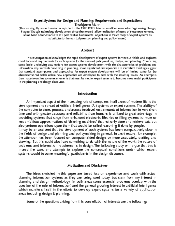 (PDF) Expert Systems for Design and Planning Requirements and Expectations