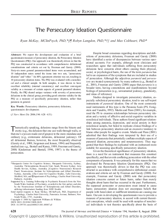 (PDF) The Persecutory Ideation Questionnaire