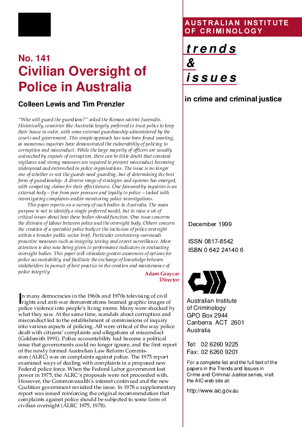 (PDF) Civilian Oversight of Police in Australia