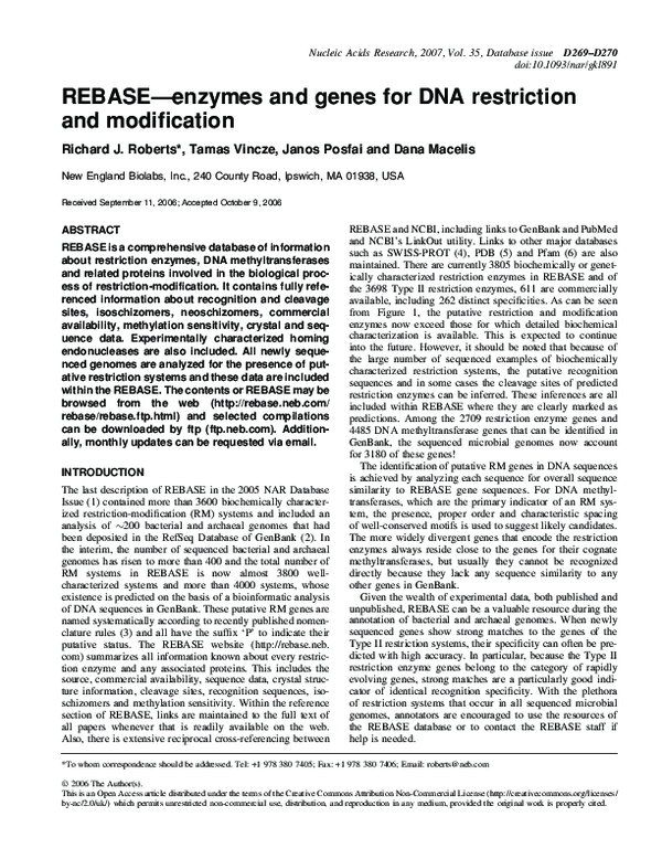 (PDF) REBASE—enzymes and genes for DNA restriction and modification