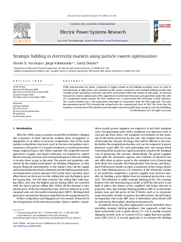 Pdf Strategic Bidding In Electricity Markets Using Particle Swarm