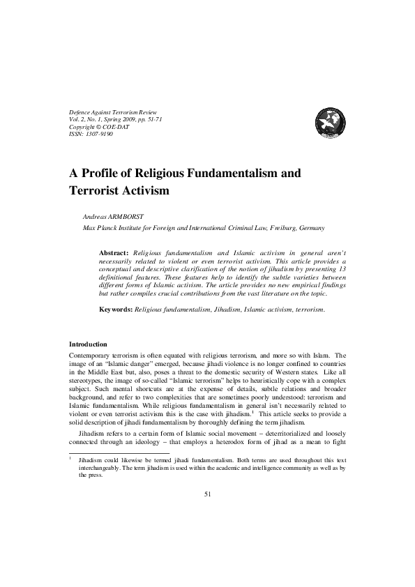 A Profile of Religious Fundamentalism and Terrorist Activism