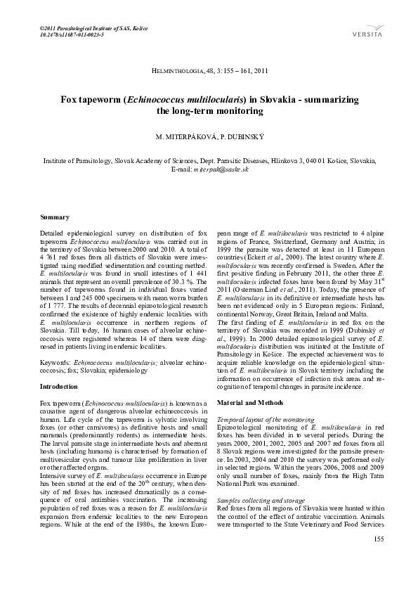(PDF) Fox tapeworm (Echinococcus multilocularis) in Slovakia - summarizing the long-term monitoring