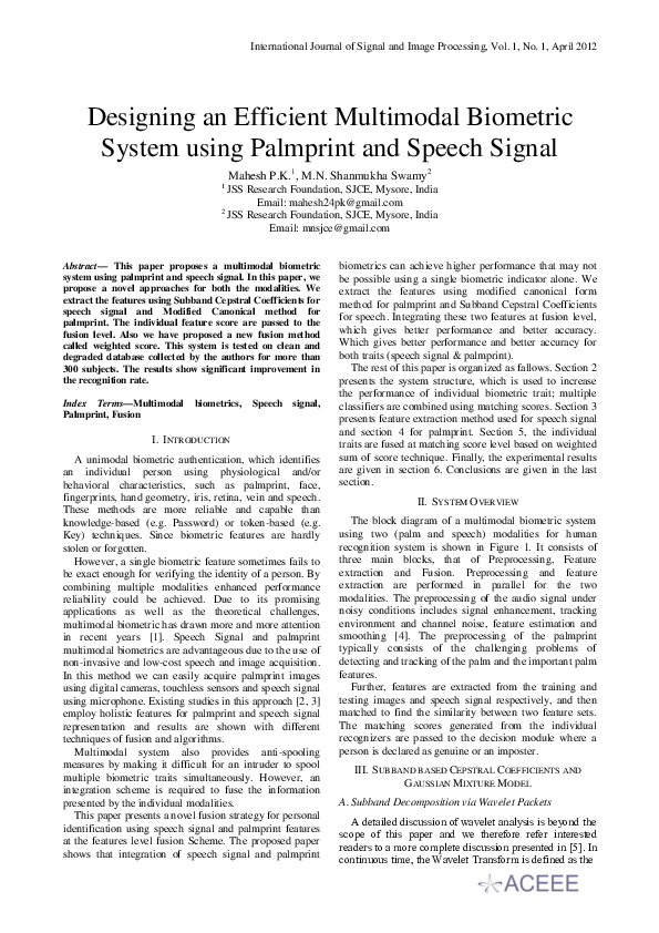 (PDF) Designing an Efficient Multimodal Biometric System using Palmprint and Speech Signal