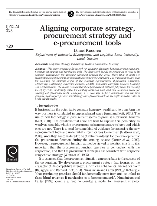 (PDF) Aligning corporate strategy, procurement strategy and e ...