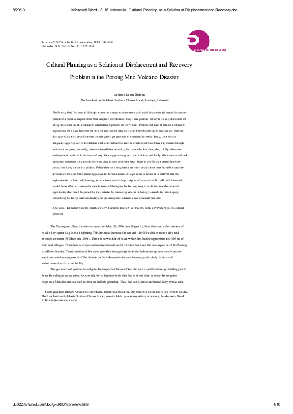 (PDF) Cultural planning as a solution at displacement and recovery ...