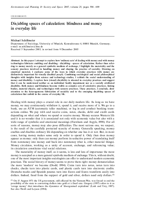 (PDF) Dis/abling spaces of calculation: blindness and money in everyday life