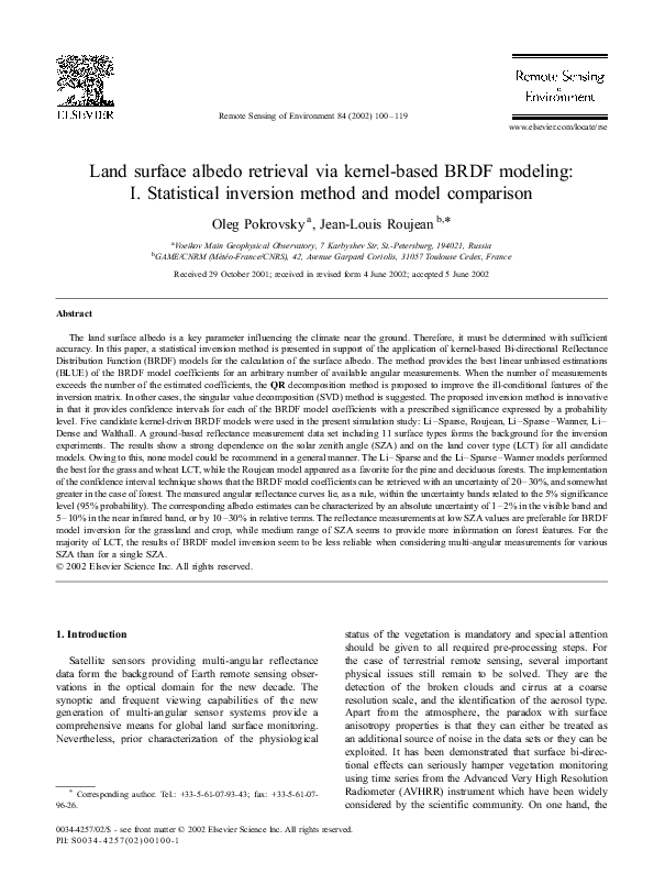 Pdf Land Surface Albedo Retrieval Via Kernel Based Brdf Modeling I Statistical Inversion