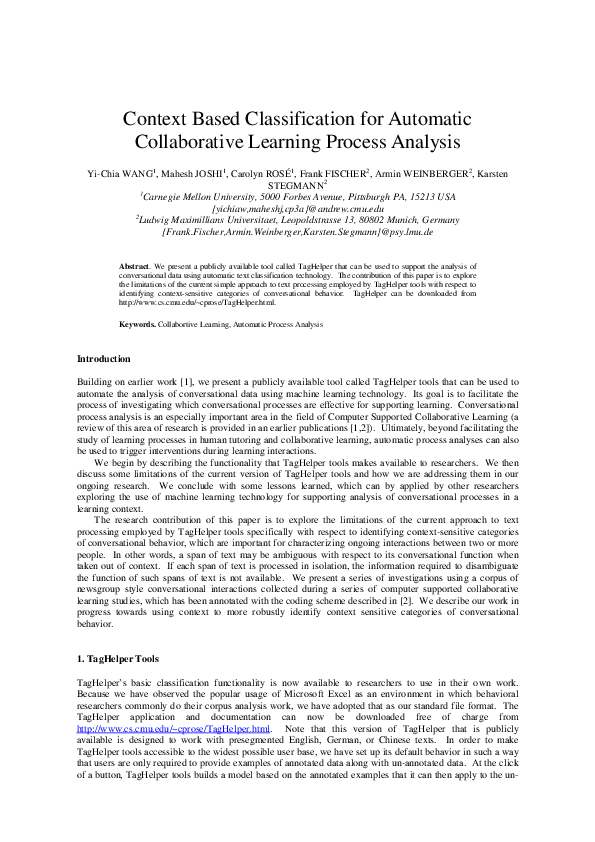 (PDF) Context Based Classification for Automatic Collaborative Learning Process Analysis