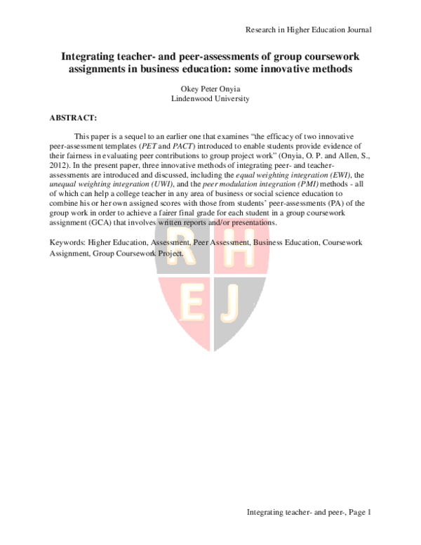 (PDF) Integrating Teacher- and Peer-Assessments of Group Coursework ...