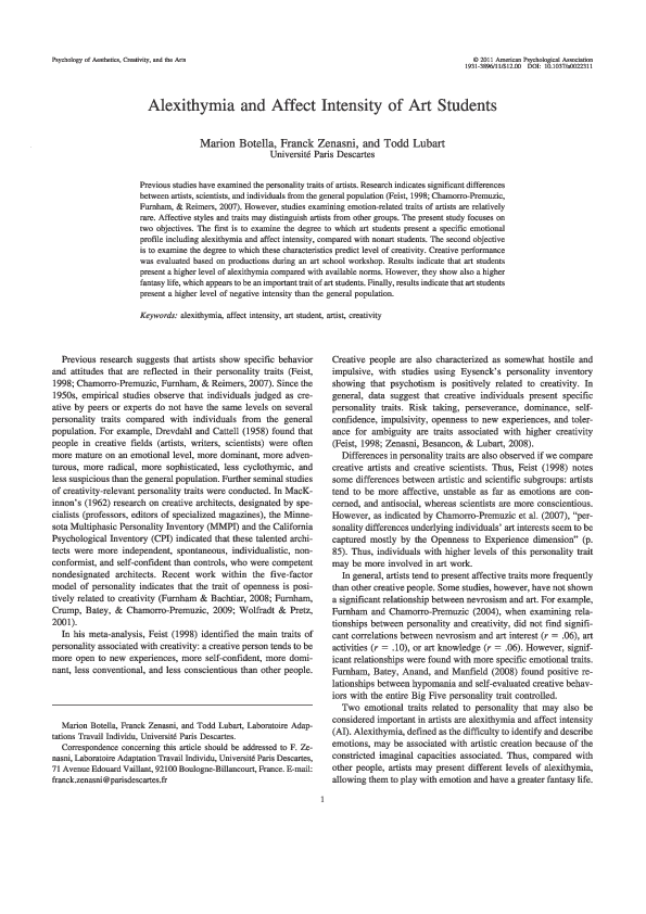 (PDF) Alexithymia and affect intensity of art students