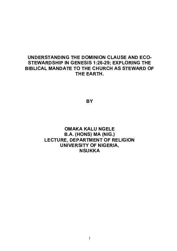 (DOC) UNDERSTANDING THE DOMINION CLAUSE AND ECO-STEWARDSHIP IN GENESIS ...