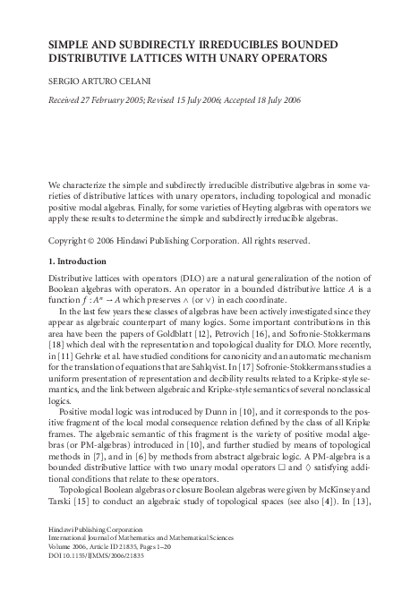 (PDF) Simple and subdirectly irreducibles bounded distributive lattices ...