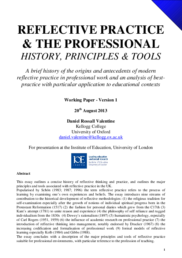 (PDF) REFLECTIVE PRACTICE & THE PROFESSIONAL: HISTORY, PRINCIPLES & TOOLS