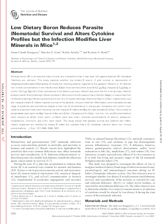 (PDF) Low Dietary Boron Reduces Parasite (Nematoda) Survival and Alters ...