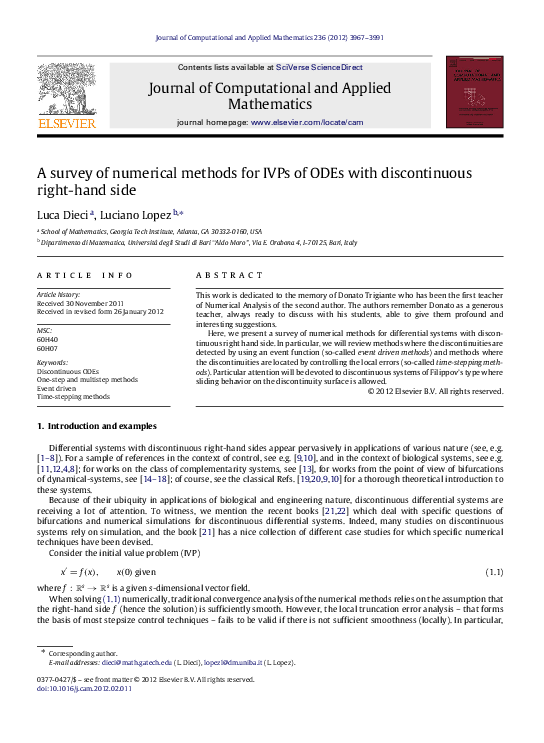 (PDF) A survey of numerical methods for IVPs of ODEs with discontinuous right-hand side