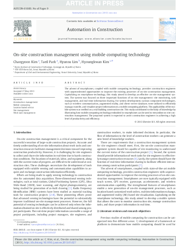Pdf On Site Construction Management Using Mobile Computing Technology