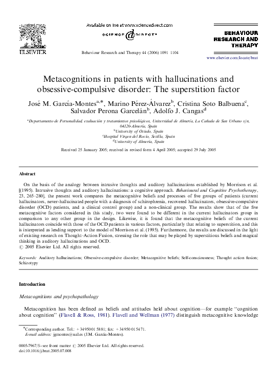 Pdf Metacognitions In Patients With Hallucinations And Obsessive Compulsive Disorder The