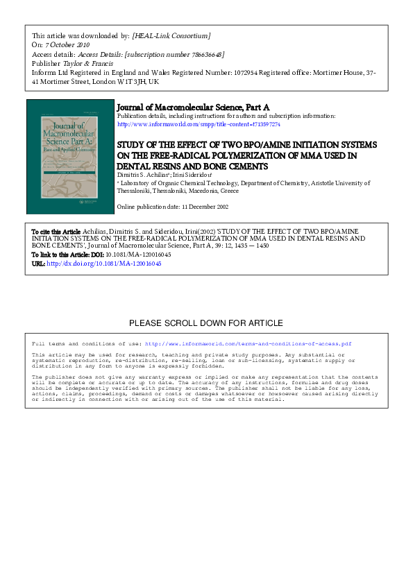(PDF) STUDY OF THE EFFECT OF TWO BPO/AMINE INITIATION SYSTEMS ON THE ...