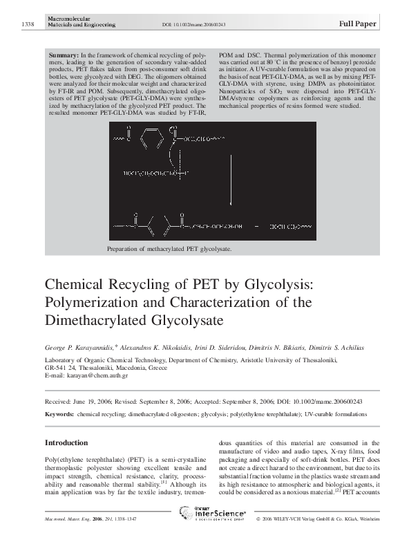 (PDF) Chemical Recycling of PET by Glycolysis: Polymerization and ...