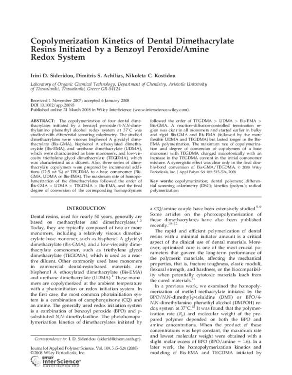 (PDF) Copolymerization Kinetics of Dental Dimethacrylate Resins ...