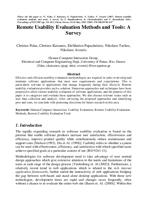 (PDF) Remote Usability Evaluation Methods and Tools: A Survey