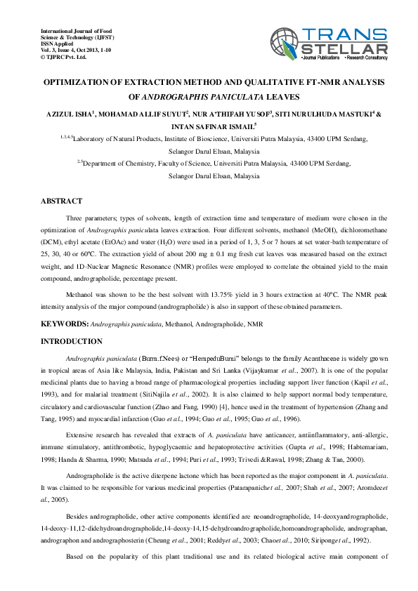 Pdf Optimization Of Extraction Method And Qualitative Ft Nmr Analysis
