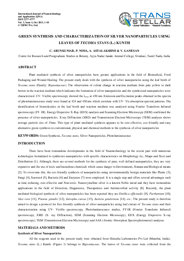 (PDF) GREEN SYNTHESIS AND CHARACTERIZATION OF SILVER NANOPARTICLES USING LEAVES OF TECOMA STANS ...