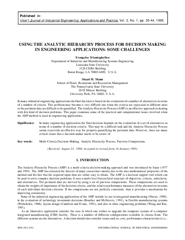 Pdf Using The Analytic Hierarchy Process For Decision Making In