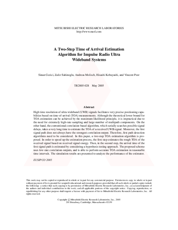 Pdf A Two Step Time Of Arrival Estimation Algorithm For Impulse Radio Ultra Wideband Systems